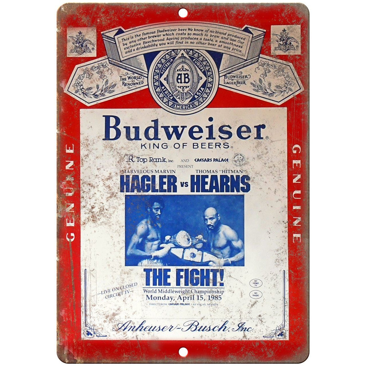 Budweiser King Of Beers Boxing Hagler Vs Hearns Reproduction Metal Sig ...