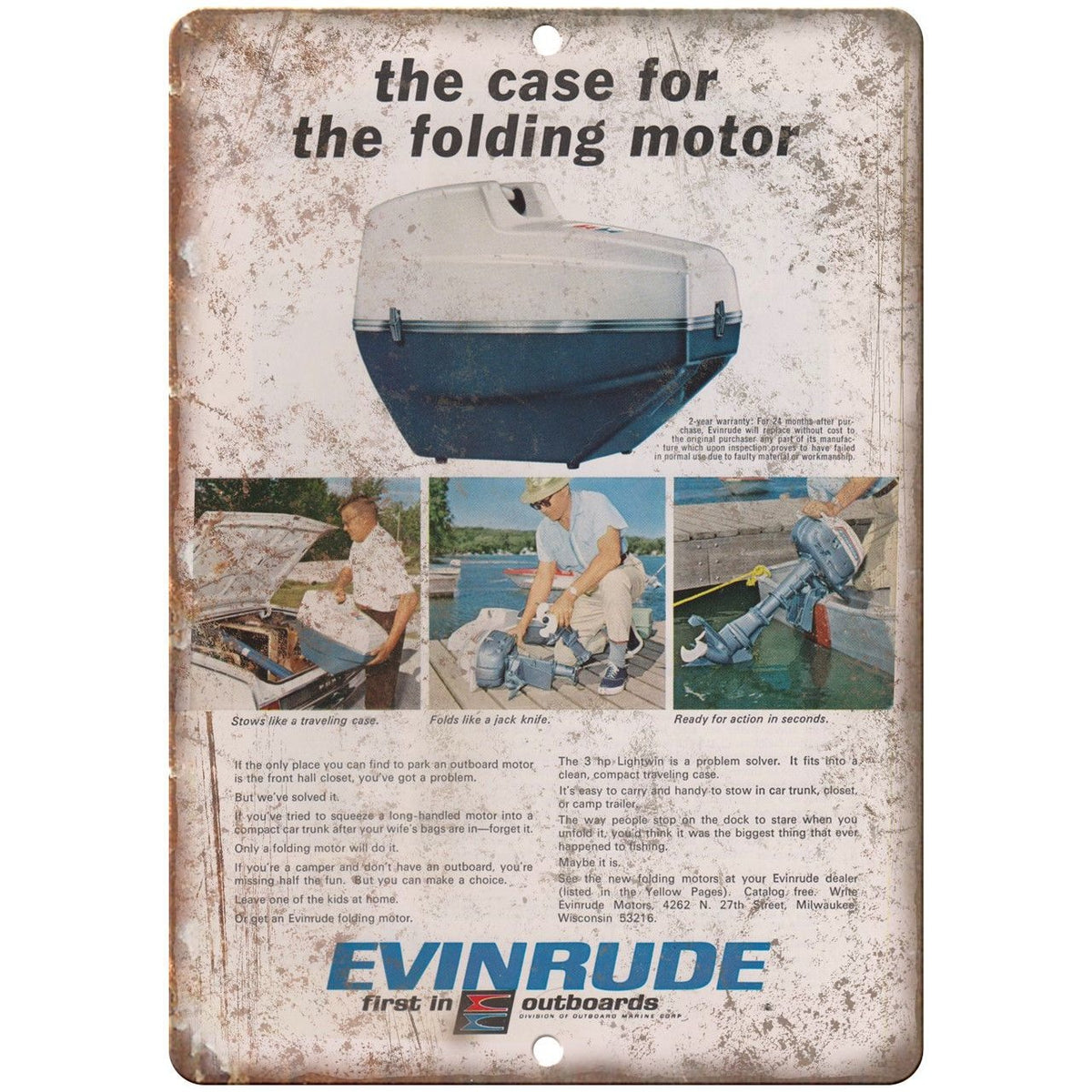 Evinrude Outboard Folding Motor Vintage Ad 9" x 12" Reproduction Metal ...
