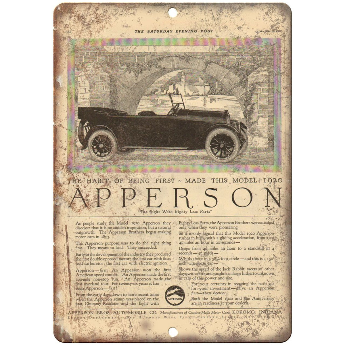 1920 - Apperson Bros. Automobile Company Vintage Ad 9" x 12" Retro Met ...