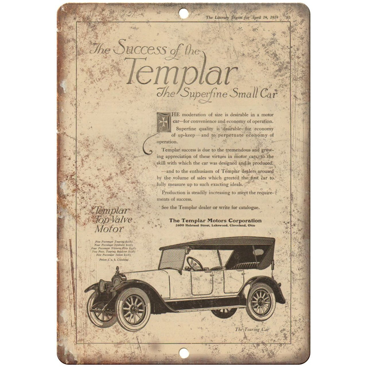 1919 - Templar Motor Company Vintage Ad 9" x 12" Retro Metal Sign ...