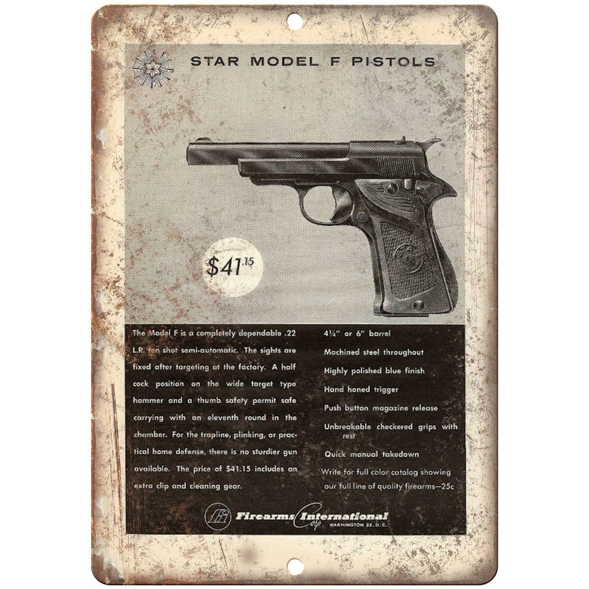 Firearms International Star Model F Pistols 9" x 12" Reproduction Meta ...