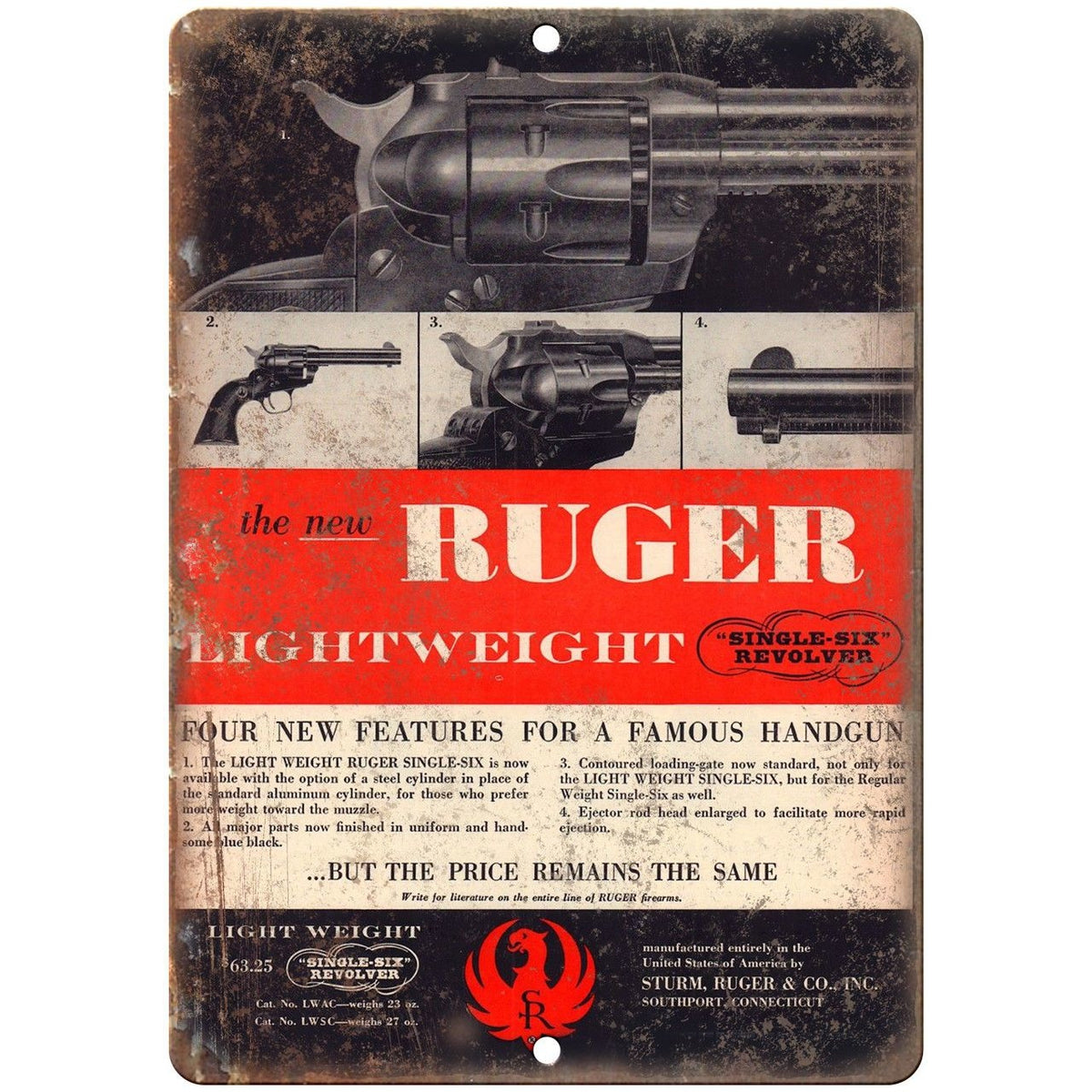 Ruger lightweight Single-Six Revolver 9" x 12" Reproduction Metal Sign ...