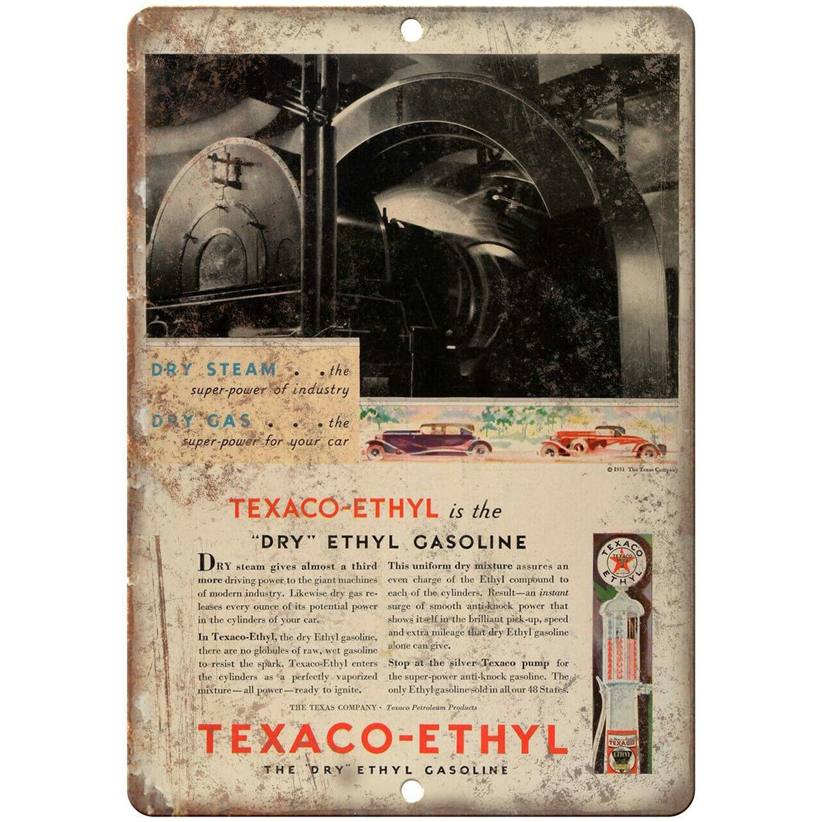 Texaco Ethyl Dry Gasoline Vintage Ad 9" x 12" Reproduction Metal Sign ...
