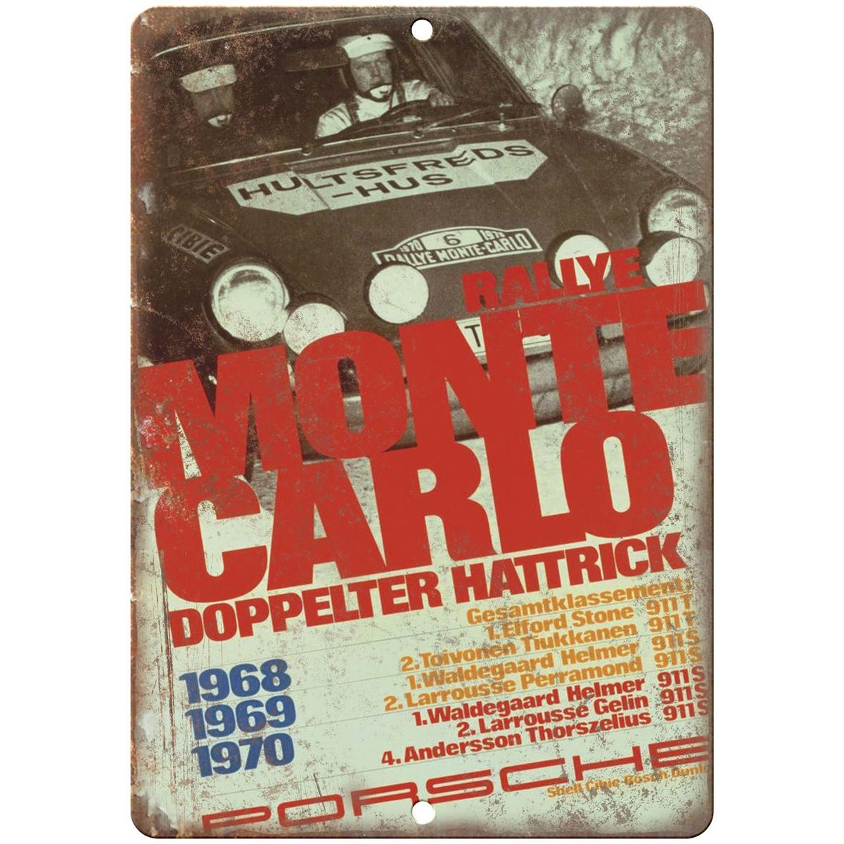 Rallye monte Carlo, Doppelter Hattrick, Porsche 9" x 12" Retro Metal S ...