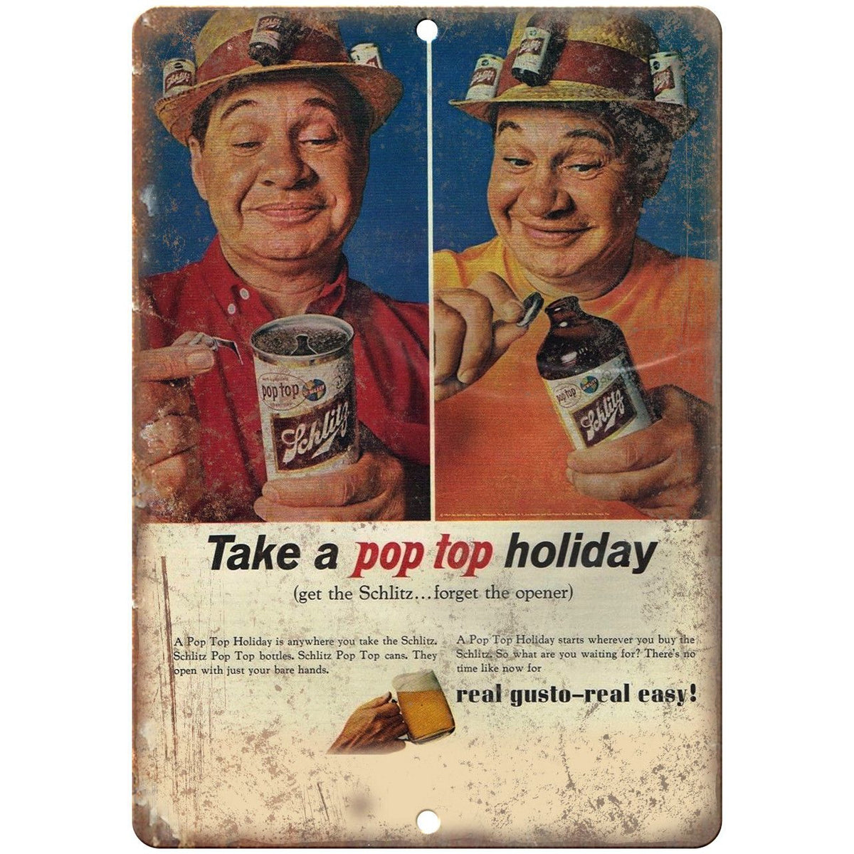 Schlitz Real Gusto Vintage Pop Top Beer Ad 10" x 7" Reproduction Metal ...