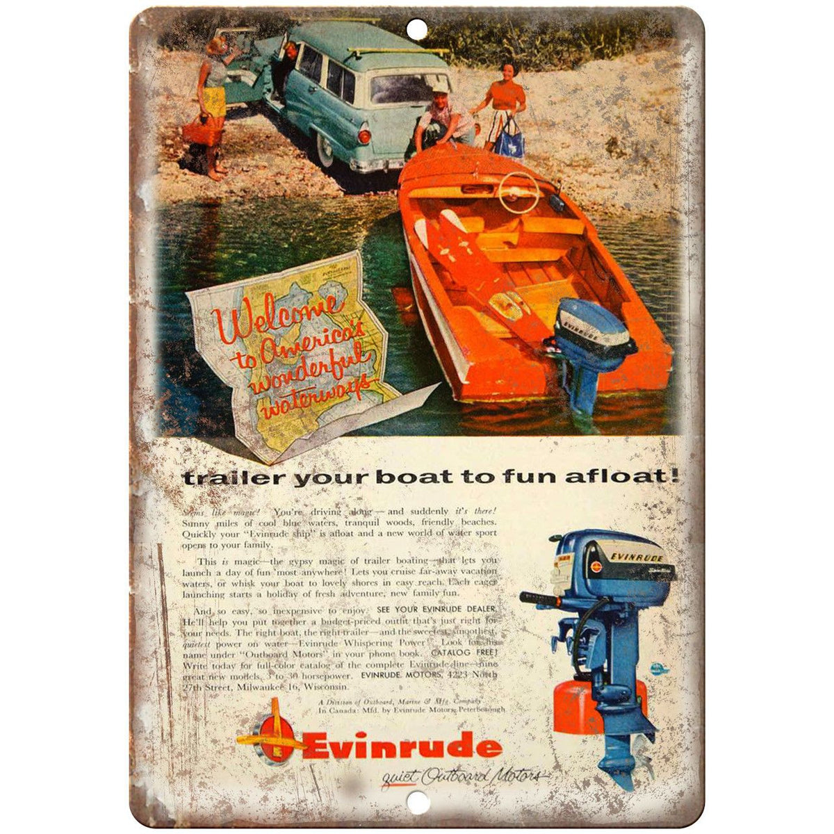 Evinrude Boat Vintage Ad 9" x 12" Reproduction Metal Sign L58 – Rusty ...
