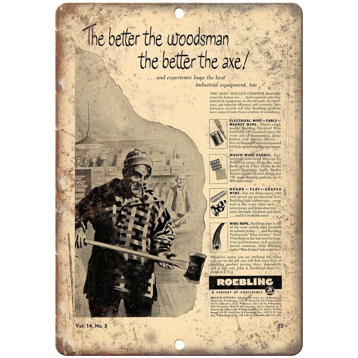 Roebling Woodsman Axe Vintage Ad 9" x 12" Reproduction Metal Sign Z44 ...