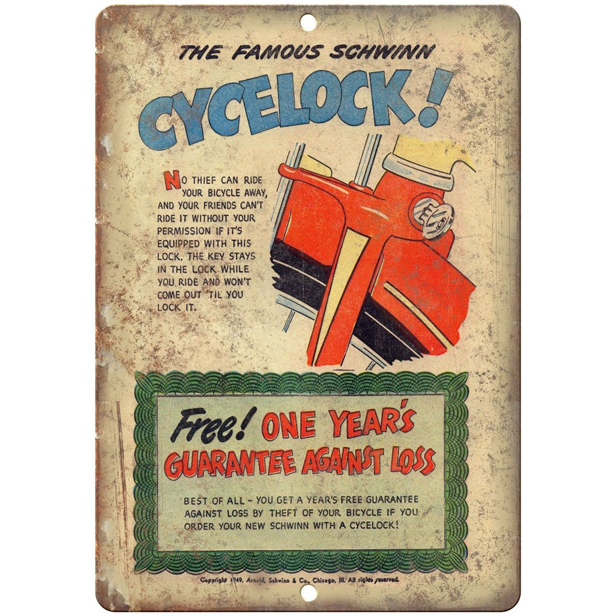1949 Schwinn Cyclelock Bicycle Ad - 9" x 12" Retro Look Metal Sign ...