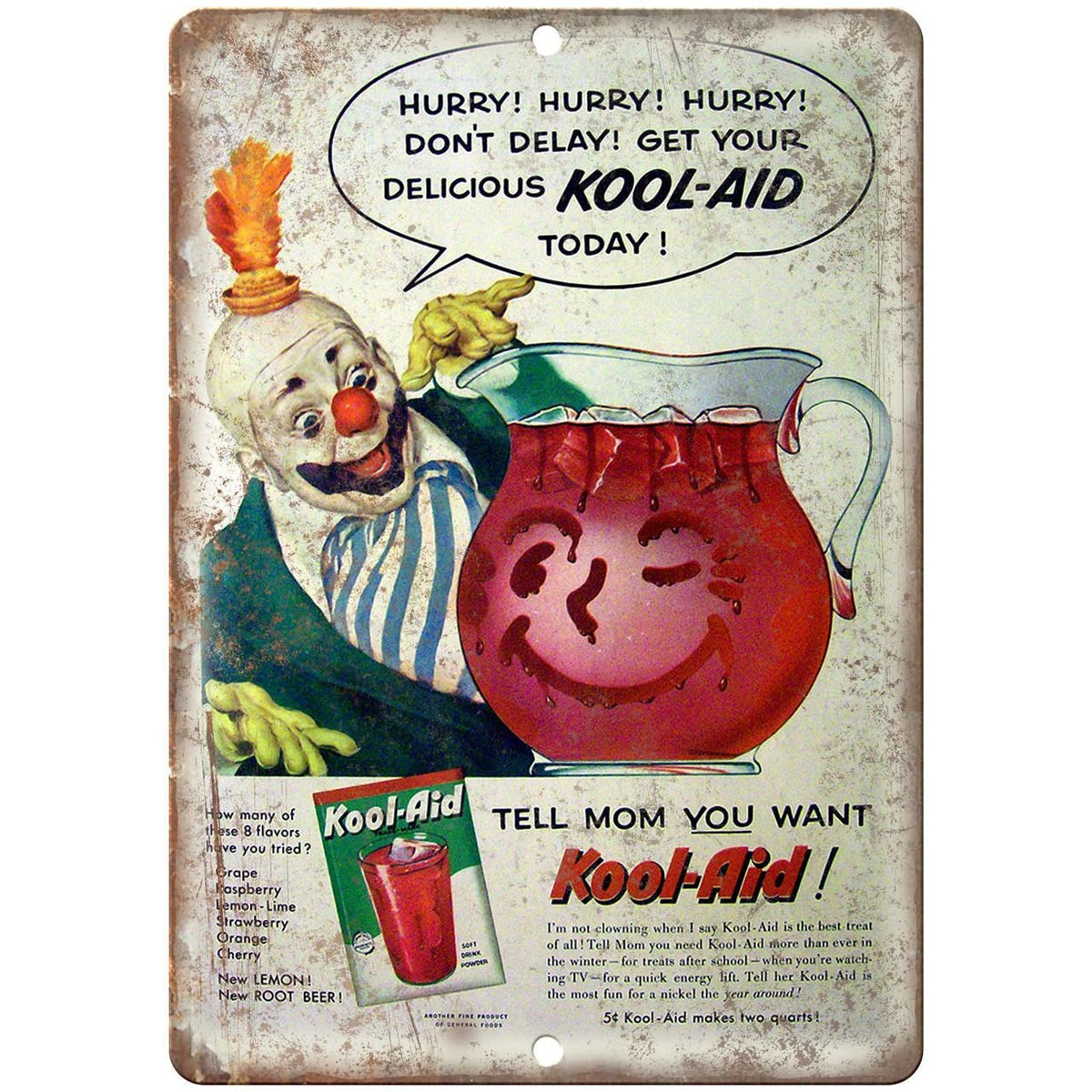 Kool-Aid Soft Drink Mix Clown Ad 10" X 7" Reproduction Metal Sign N146 ...