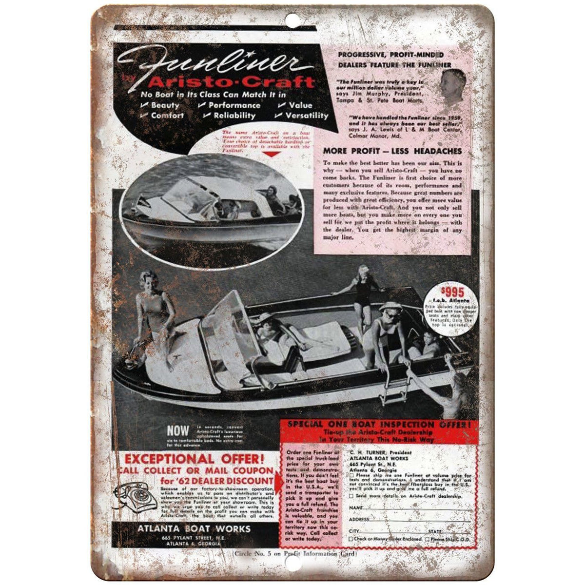 Funliner Boat Vintage Ad 9" x 12" Reproduction Metal Sign L37 – Rusty ...