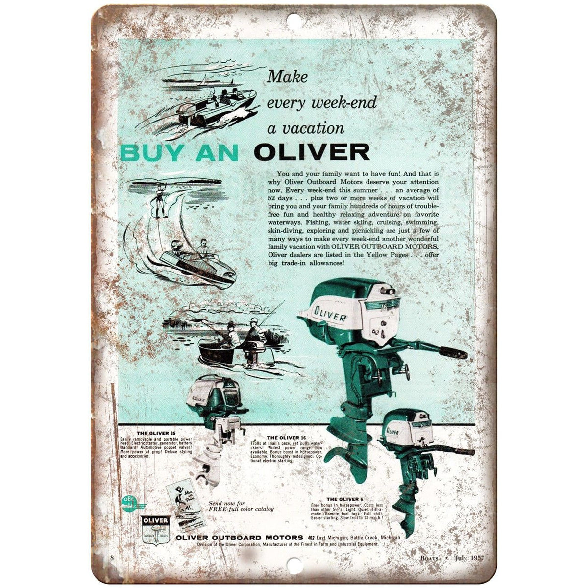 1957 Oliver Outboard Motor Vintage Boat Ad 10" x 7" Reproduction Metal ...