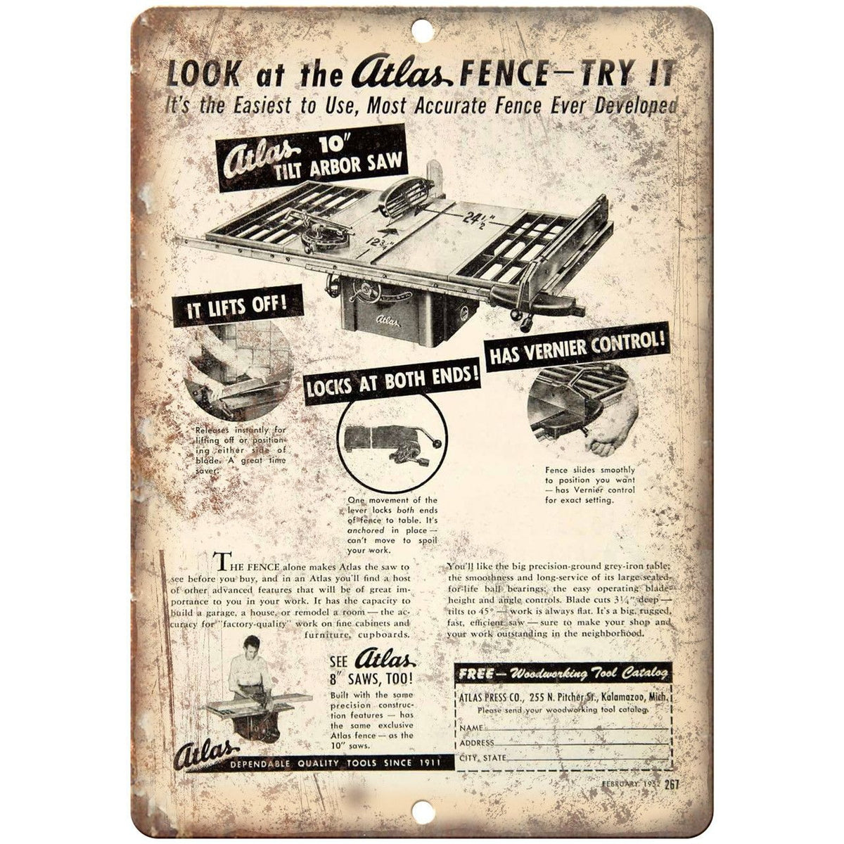 Atlas Tilt Arboar Saw Table Saw Ad 9" x 12" Reproduction Metal Sign Z3 ...