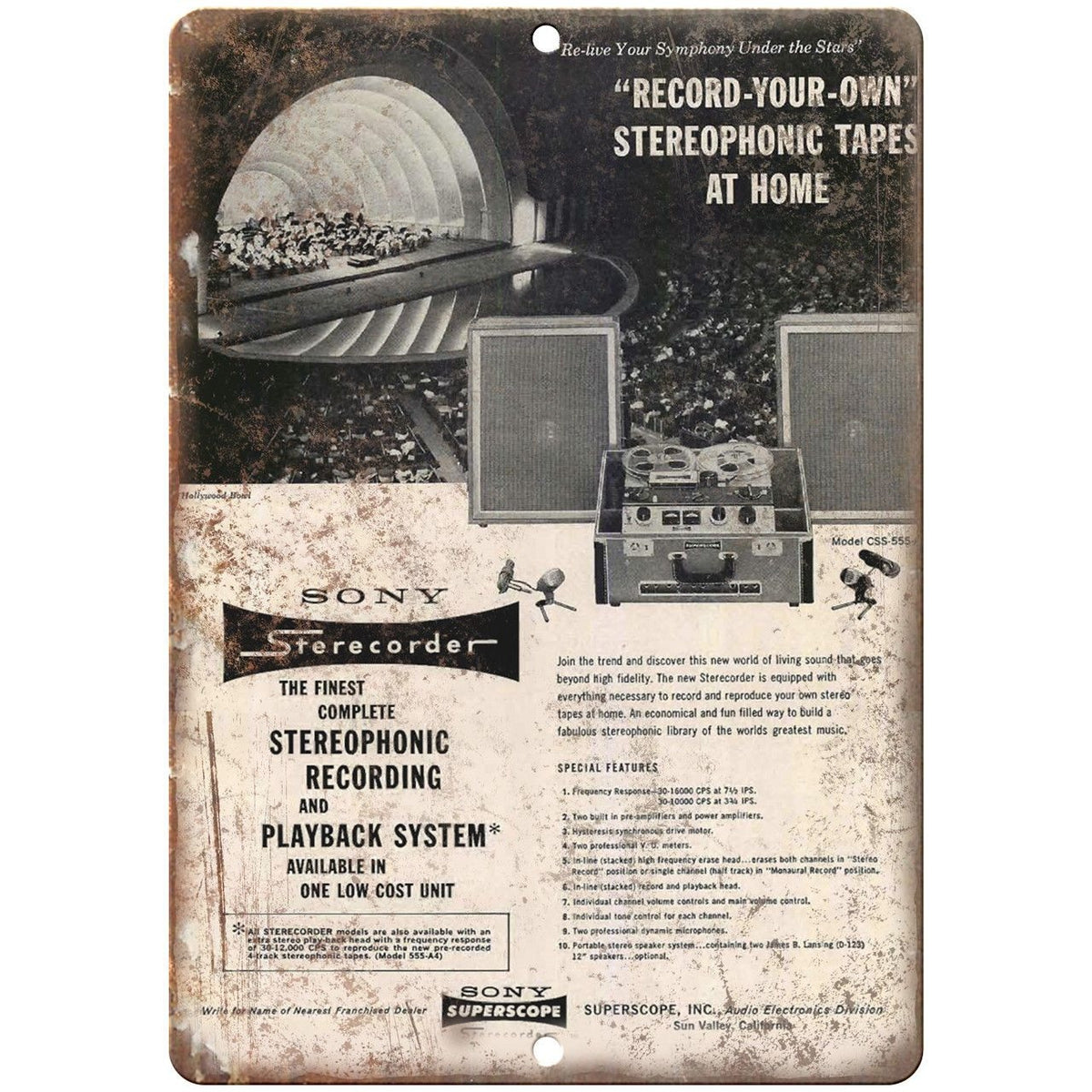 Sony Superscope Sterecorder Vintage Ad 9" x 12" Reproduction Metal Sig ...
