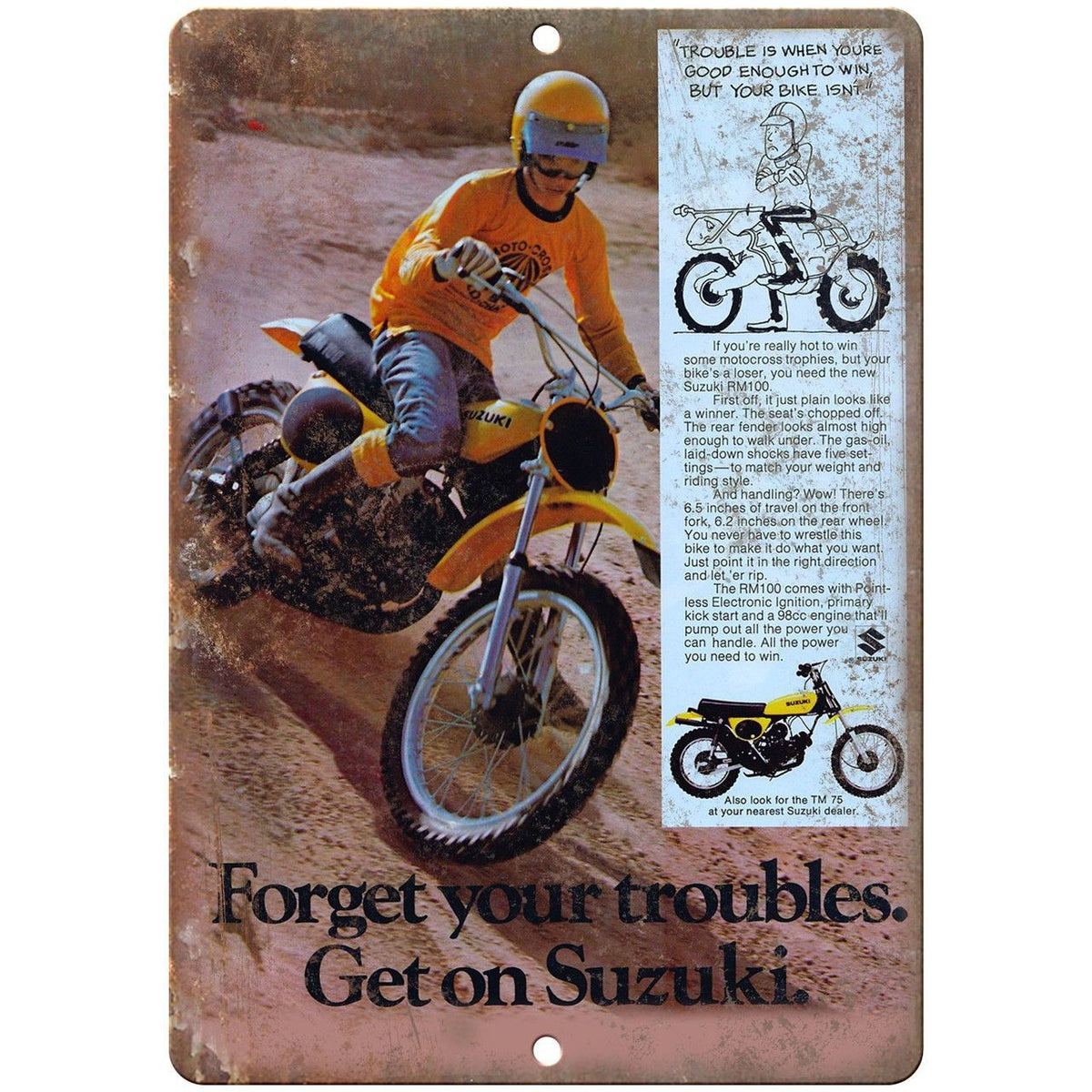 Suzuki Dirt Bike RM100 Vintage Ad 9" x 12" Reproduction Metal Sign A36 ...