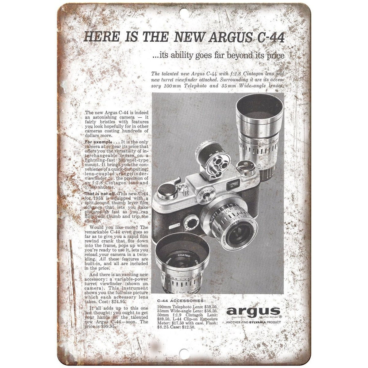 1958 - Argus C-44 Film Camera - 10" x 7" Retro Look Metal Sign – Rusty ...