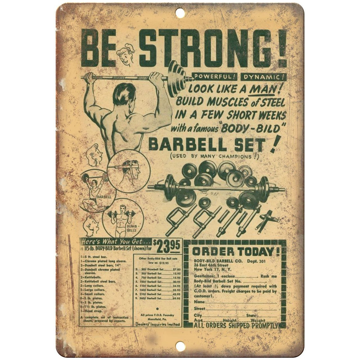 Barbell Set Garage Gym Wall Art Rogue Fitness 9" x 12" Retro Look Meta ...