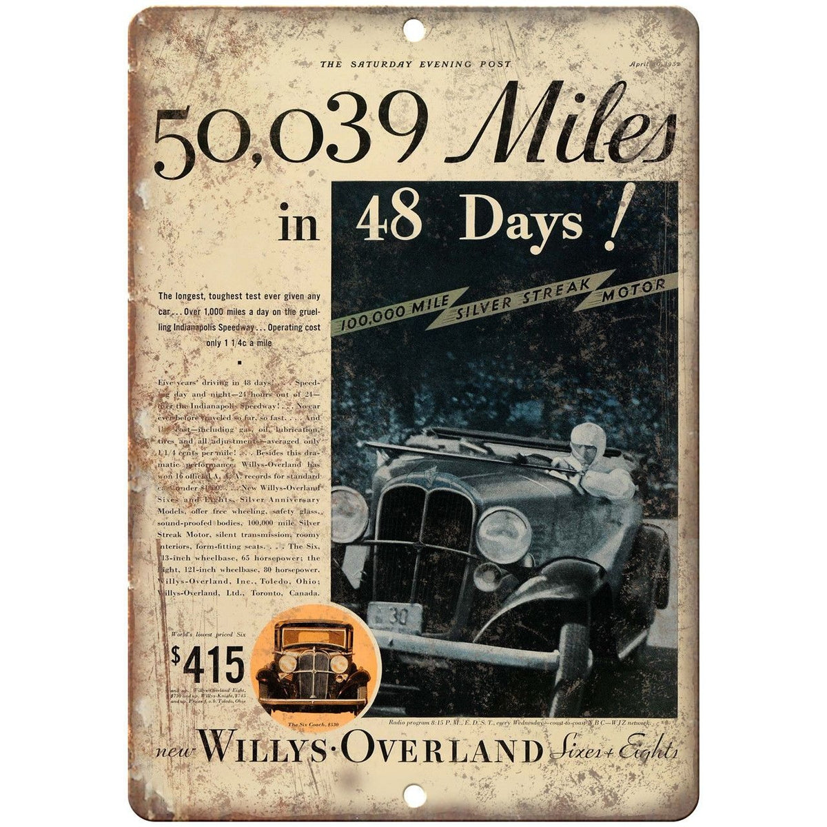 Willys Overland Silver Streak Motor Race 9" x 12" Reproduction Metal S ...
