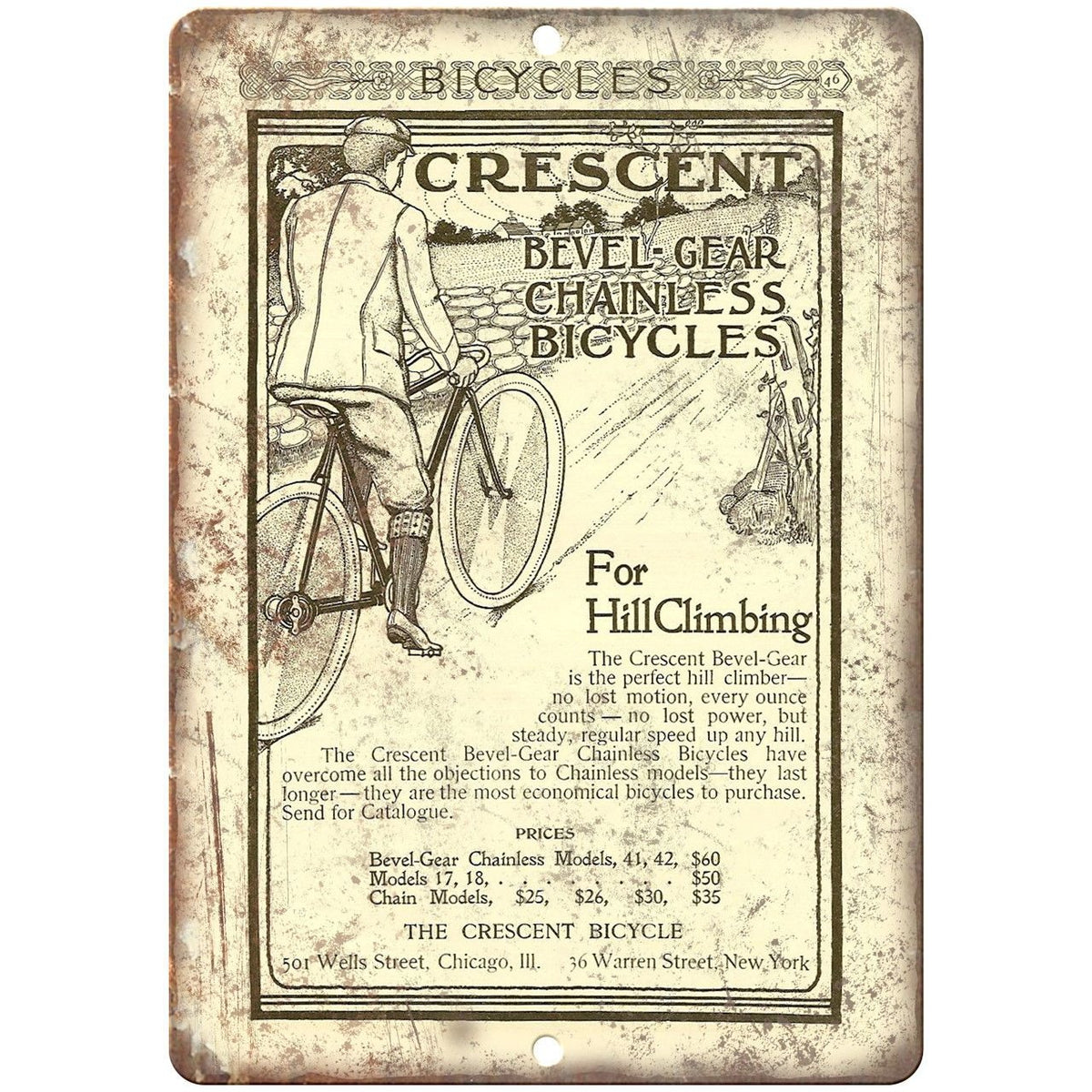 Crescent Chainless Bicycles Vintage Ad 9" x 12" Reproduction Metal Sig ...