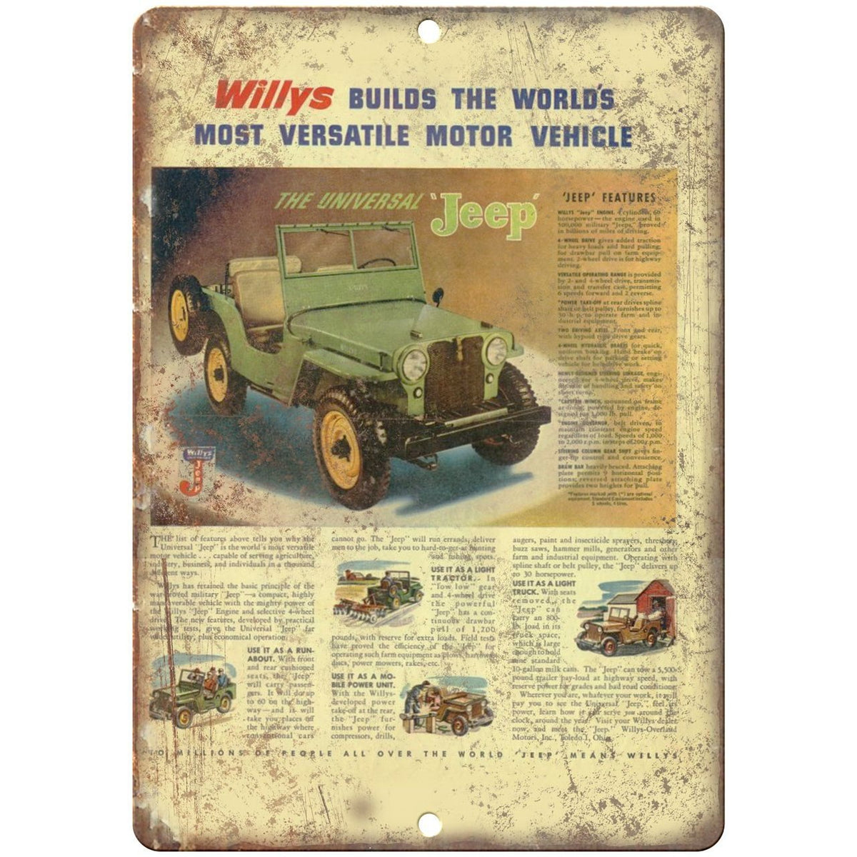 Jeep Willys Overland 4 x 4 - 10" x 7" Reproduction Metal Sign – Rusty ...