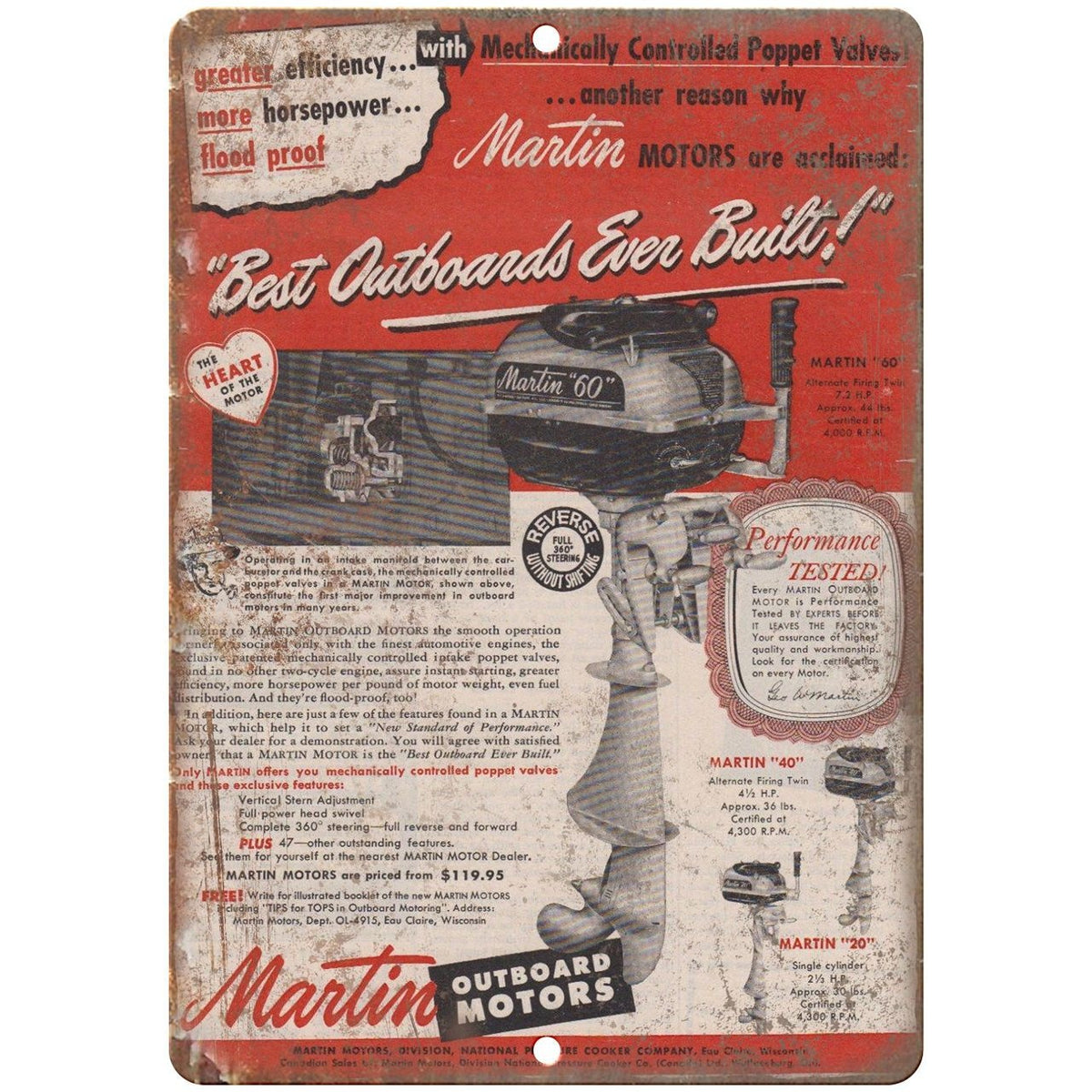 Martin outboards Best Ever vintage ad 9" x 12" reproduction metal sign ...