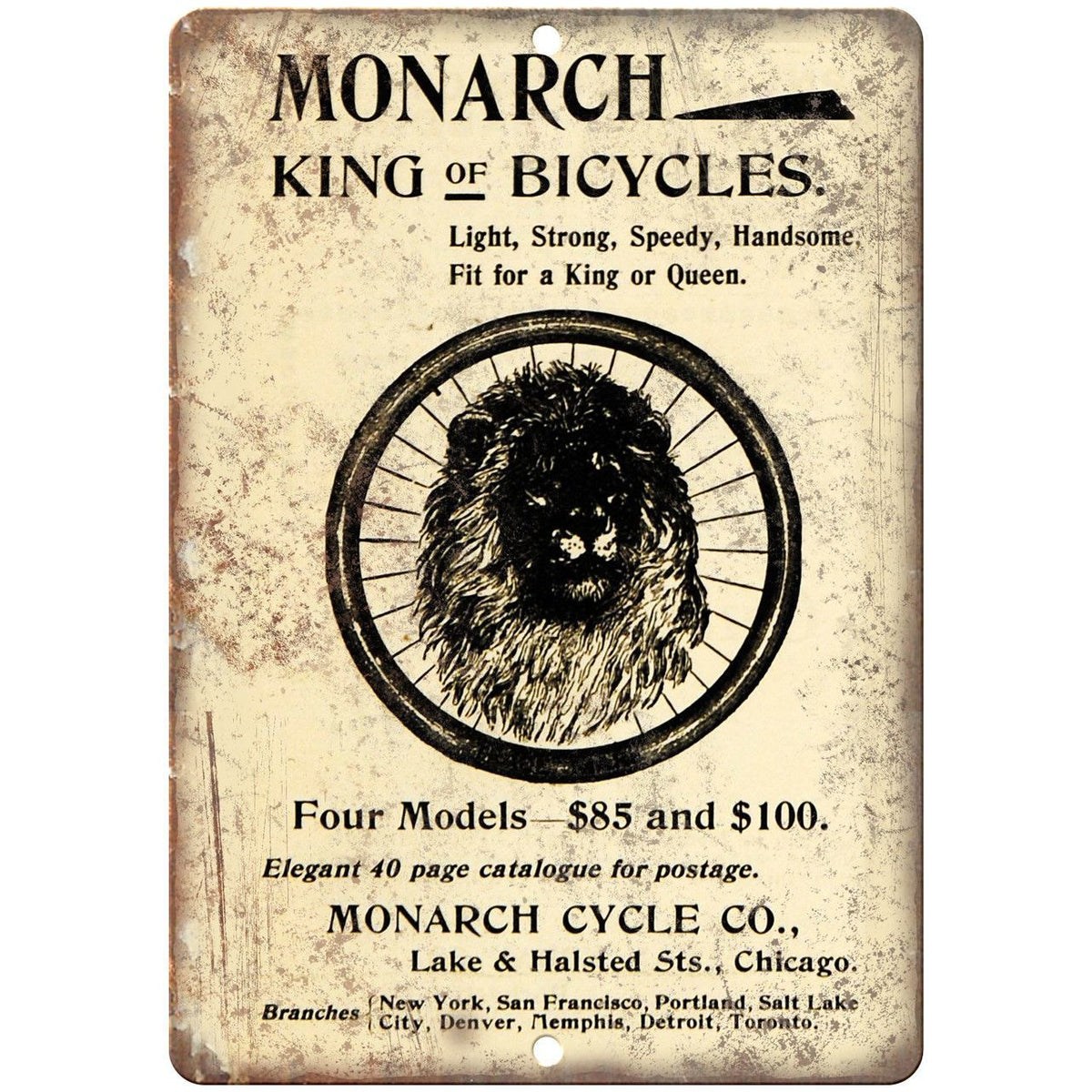 Monarch Cycle Co. Bicycle Vintage Art Ad 9" x 12" Reproduction Metal S ...