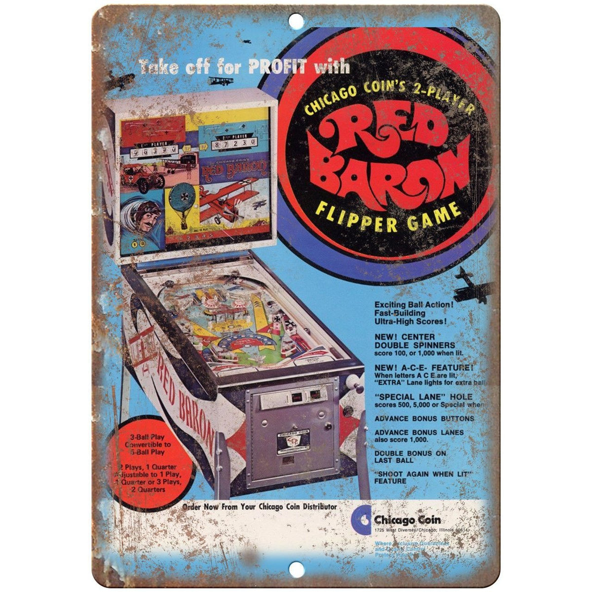 Red Baron Flipper Pinball Chicago Coin 9" x 12" Reproduction Metal Sig ...
