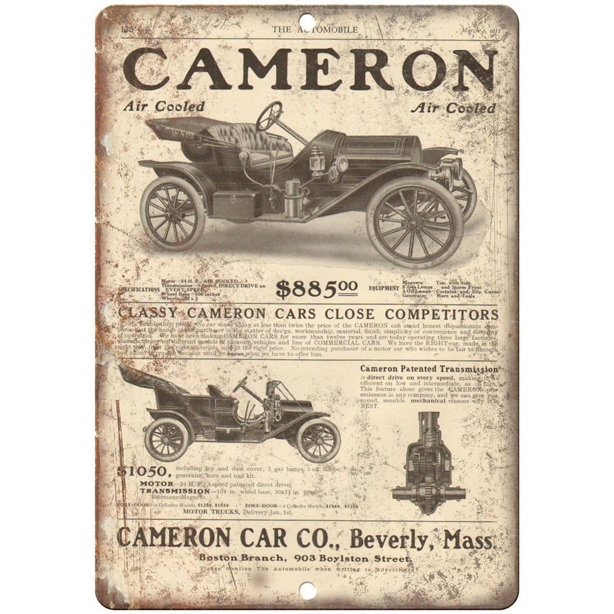 1911 - Cameron Car Company Beverly Ma Vintage Ad - 9" x 12" Retro Meta ...