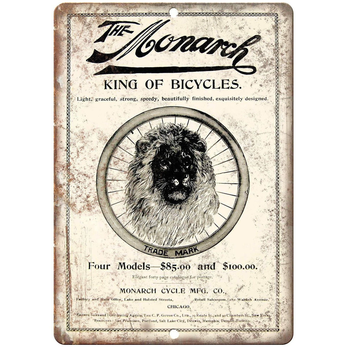 The Monarch King of Bicycles Vintage Ad 9" x 12" Reproduction Metal Si ...