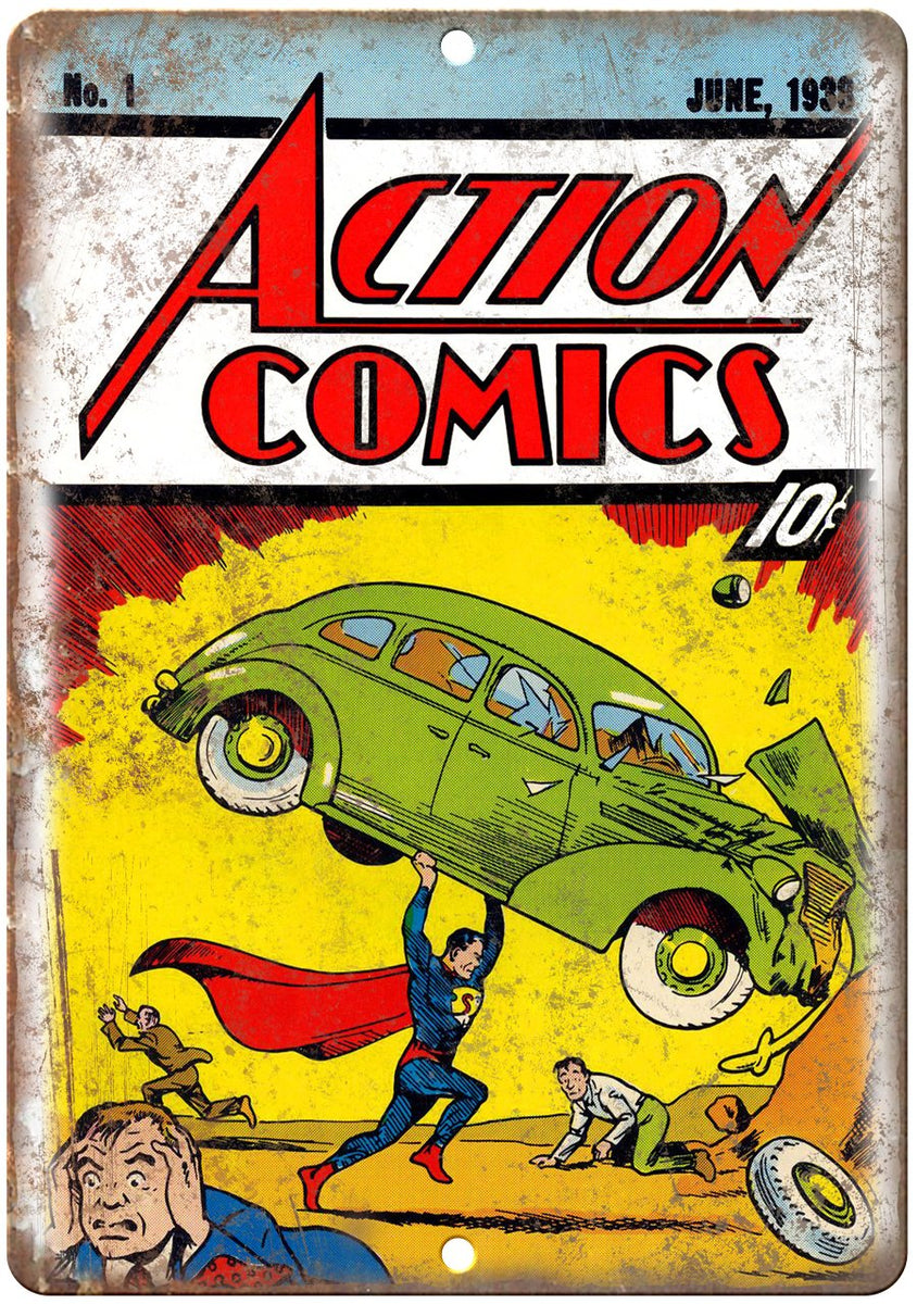 Action Comics Vintage Super Man Comic Metal Sign | Rusty Walls – Rusty ...